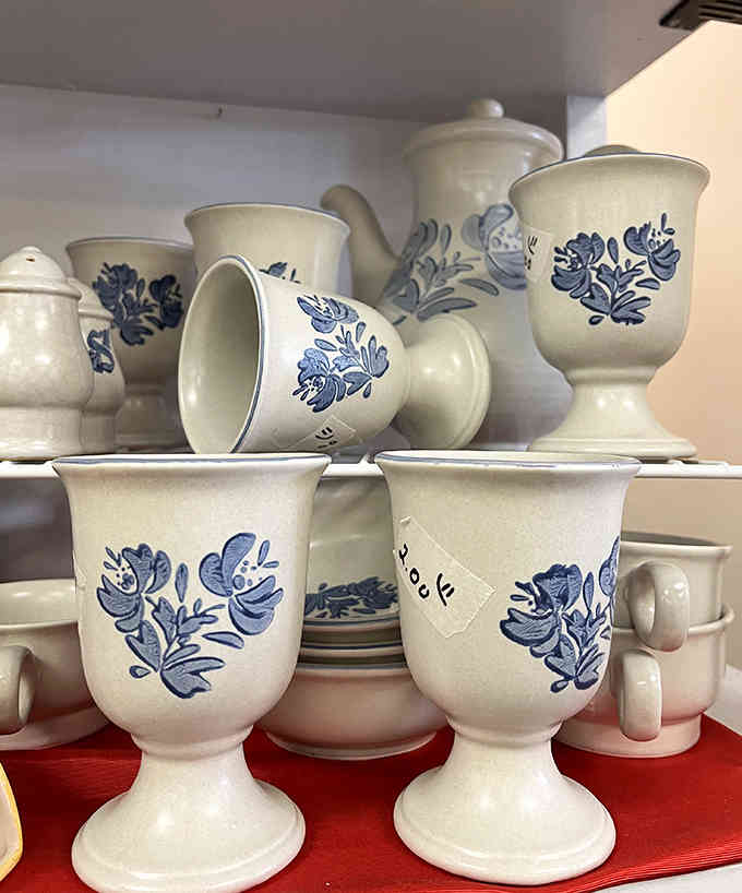 Blue floral Pfaltzgraff pieces stand ready to grace your table with that classic farmhouse charm everyone's trying to recreate.