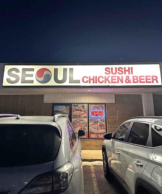 The neon OPEN sign glows like a beacon of hope for hungry souls seeking authentic Korean comfort food.