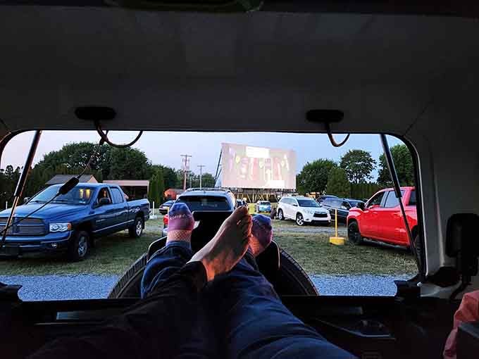 Kick back in the truck bed with pillows and blankets for the ultimate outdoor cinema experience tonight.