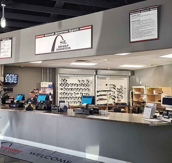 The retail counter handles everything from range rentals to firearm sales with knowledgeable, friendly staff assistance.