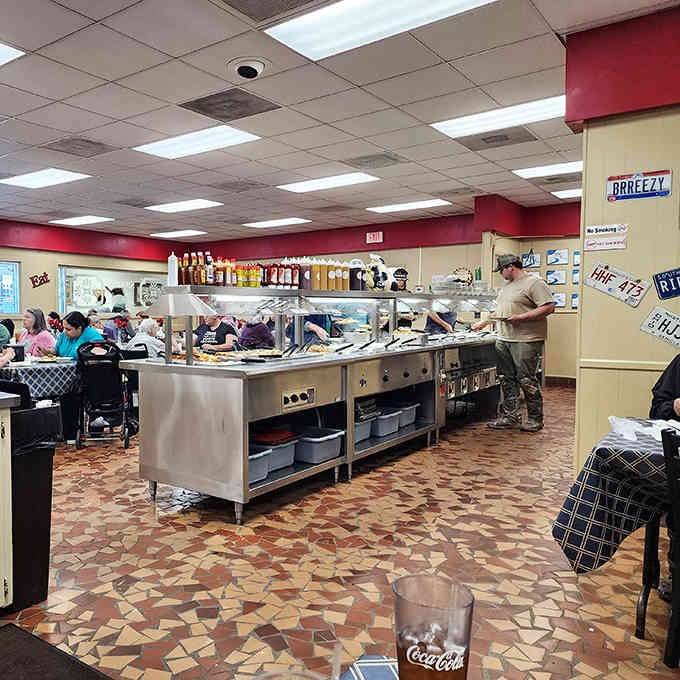 The self-service buffet station is where dreams come true and elastic waistbands prove their worth in gold.