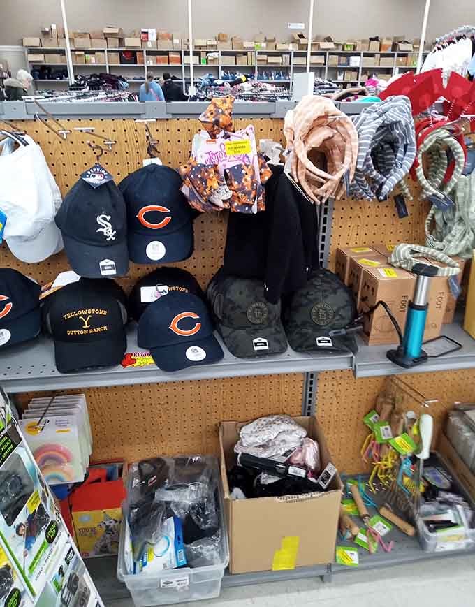 Chicago Bears caps sharing shelf space with random treasures, proving sports loyalty transcends state lines when deals are involved.