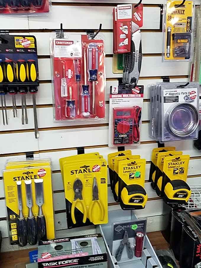 Stanley tools gleam yellow and black like a hardware store from when quality actually meant something permanent.