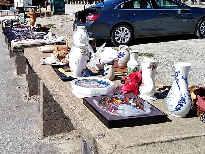 Delicate ceramics catching sunlight, waiting patiently for someone to recognize their beauty and take them home.