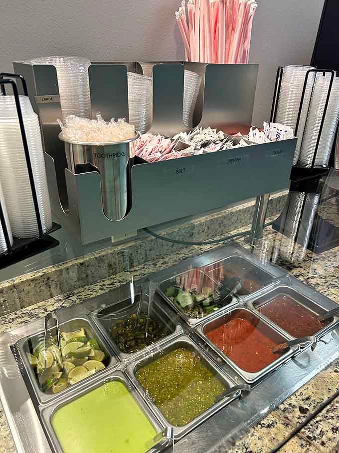The salsa bar offers multiple heat levels and toppings, letting you customize your meal like a flavor artist.