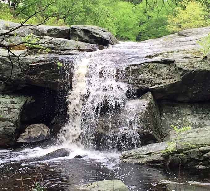 Small waterfalls tumble over layered rock formations, providing the soothing soundtrack that expensive meditation apps try desperately to replicate.