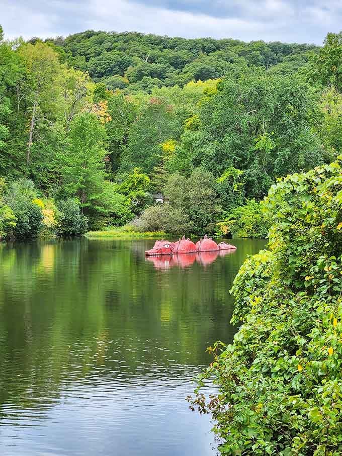 Pink paddle boats float on the calm water, waiting to provide entertainment that's delightfully low-tech and surprisingly high-fun.