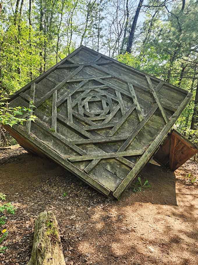 Concentric wooden squares spiral inward like a hypnotic invitation to contemplate geometry and get slightly dizzy.