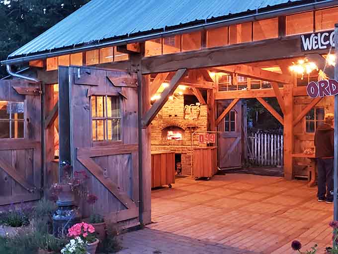 Evening light bathes this rustic patio in golden warmth, creating an atmosphere that makes you want to linger indefinitely.