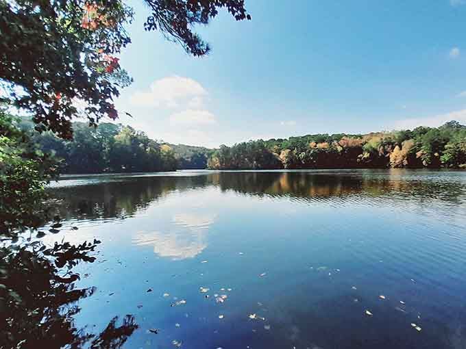The peaceful lake reflects the sky like nature's own mirror, doubling the beauty around every bend.