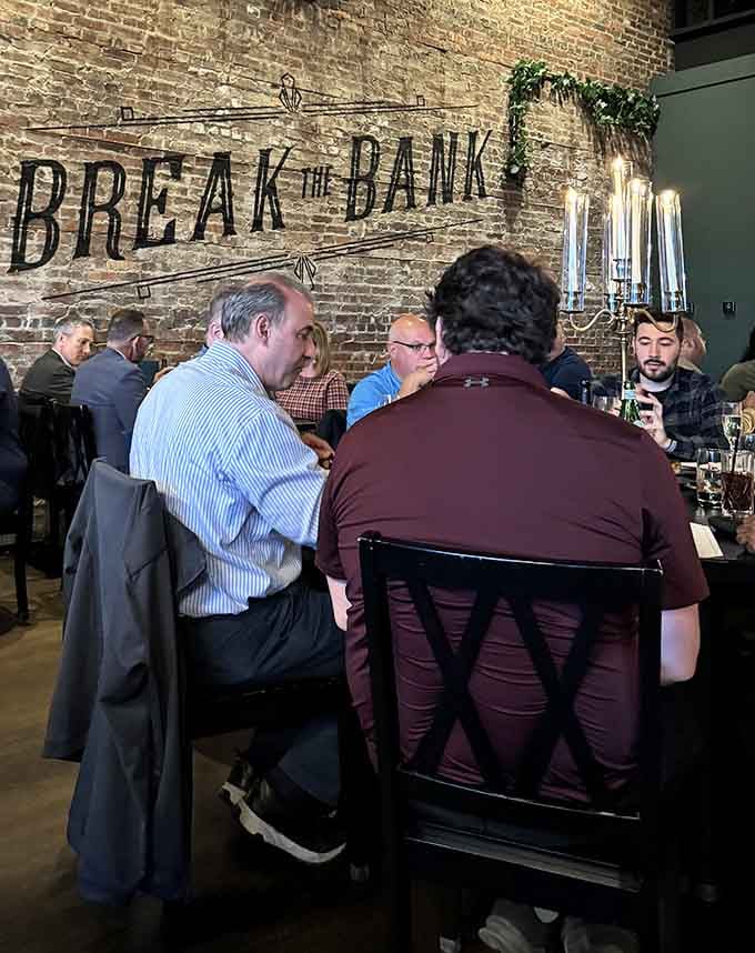 Exposed brick whispers "Break the Bank" while diners enjoy what money can actually buy: exceptional food and company.