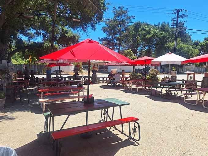 Plenty of shaded picnic tables mean you can enjoy your feast while soaking in those spectacular mountain views.