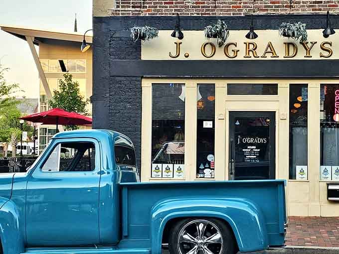 A vintage blue pickup adds character to this downtown dining spot that blends nostalgia with contemporary taste.