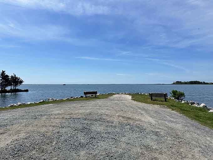 Benches overlook serene water views where you can contemplate this wonderfully weird geographical mashup.