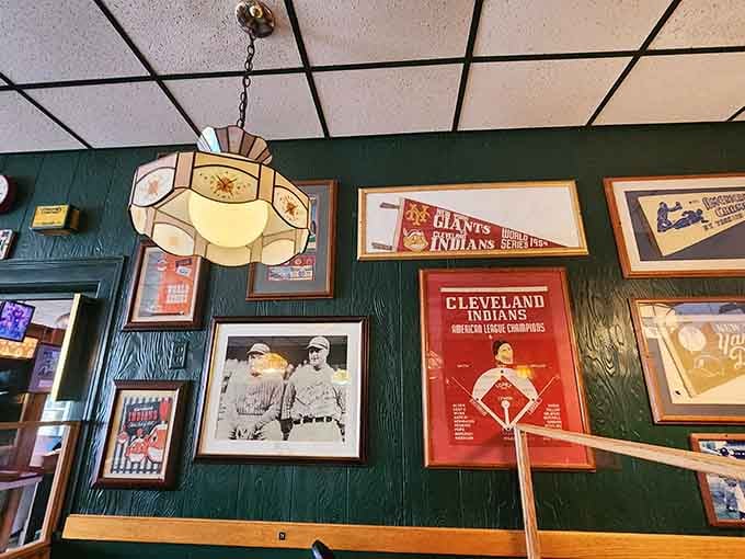 Cleveland Indians memorabilia decorates the walls, celebrating Ohio sports history while you celebrate your meal below.