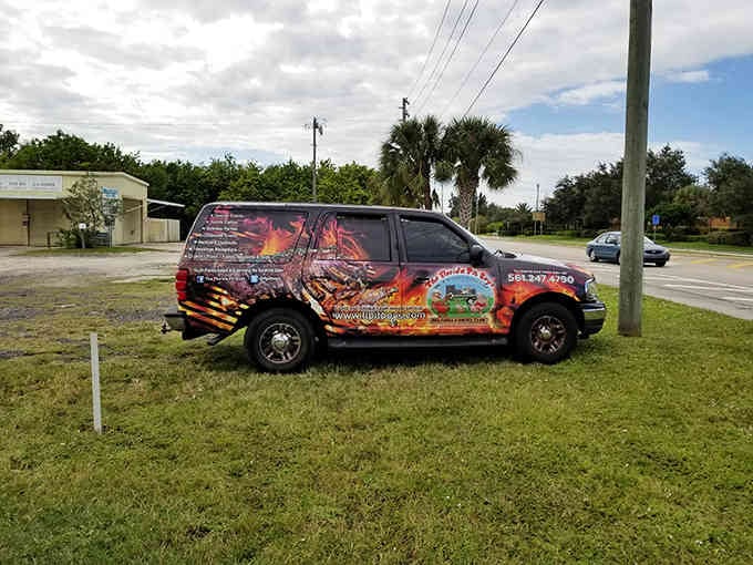 Even the delivery vehicle is dressed for success, advertising their smoky mission across Port St. Lucie's streets.