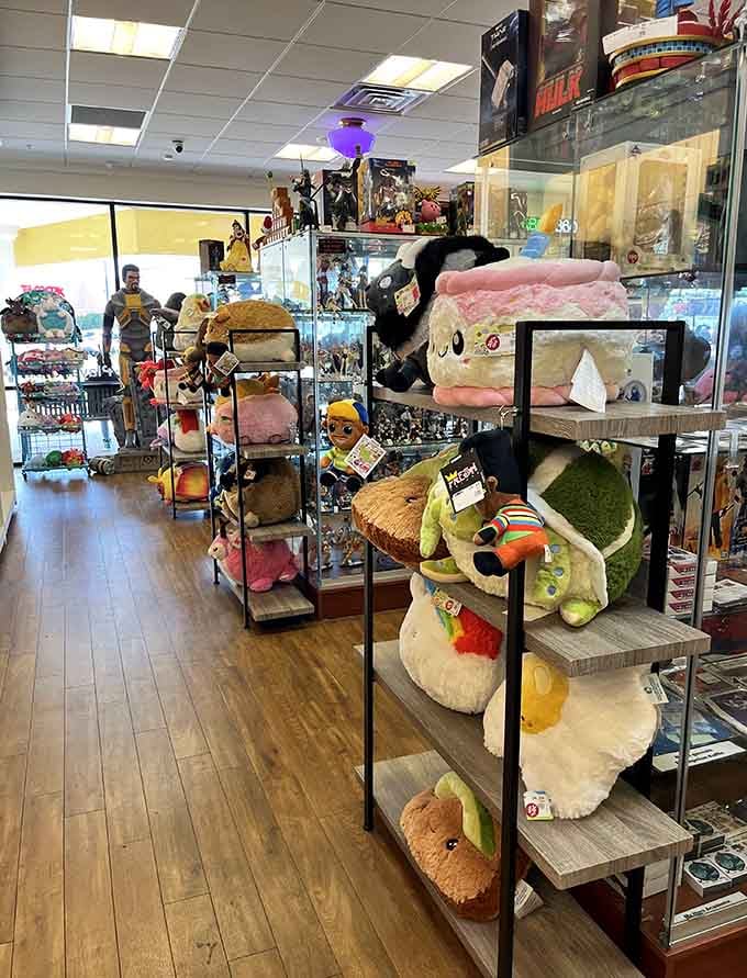 Plush toys stacked high enough to build a cuddle fort, tempting you with their squishy adorableness and reasonable prices.