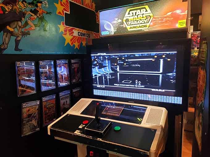 The Star Wars arcade cabinet standing proud, ready to let you relive the trench run one quarter at a time.