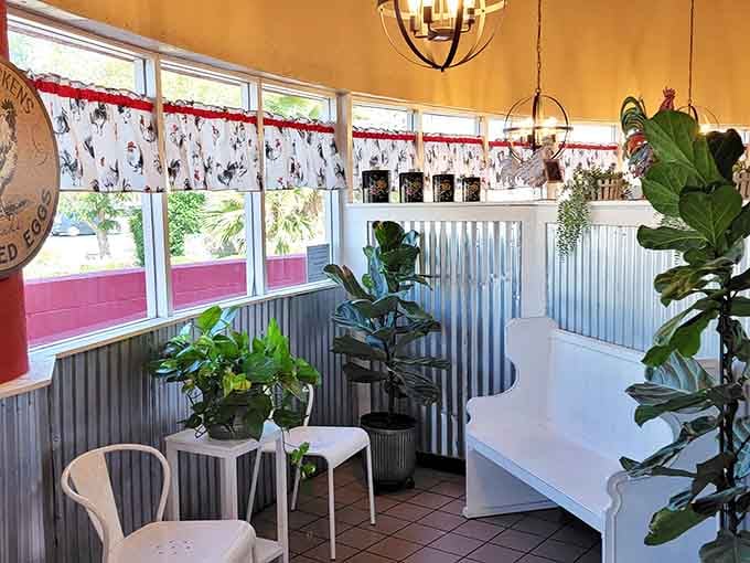 The waiting area features charming touches and greenery, making even the wait for a table feel surprisingly pleasant.