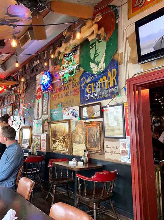 Vintage signs and nostalgic decor cover every inch of wall space, telling Chicago's story one advertisement at a time.