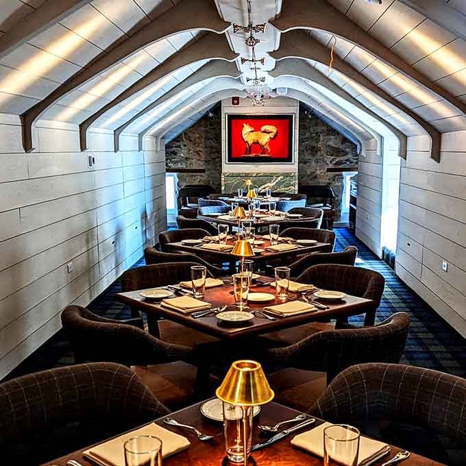 Another angle of pure dining elegance, complete with vaulted ceilings that make every meal feel like an occasion.