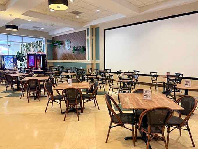 Modern dining spaces with natural wood tables provide a civilized spot to rest your shopping bags and feet.