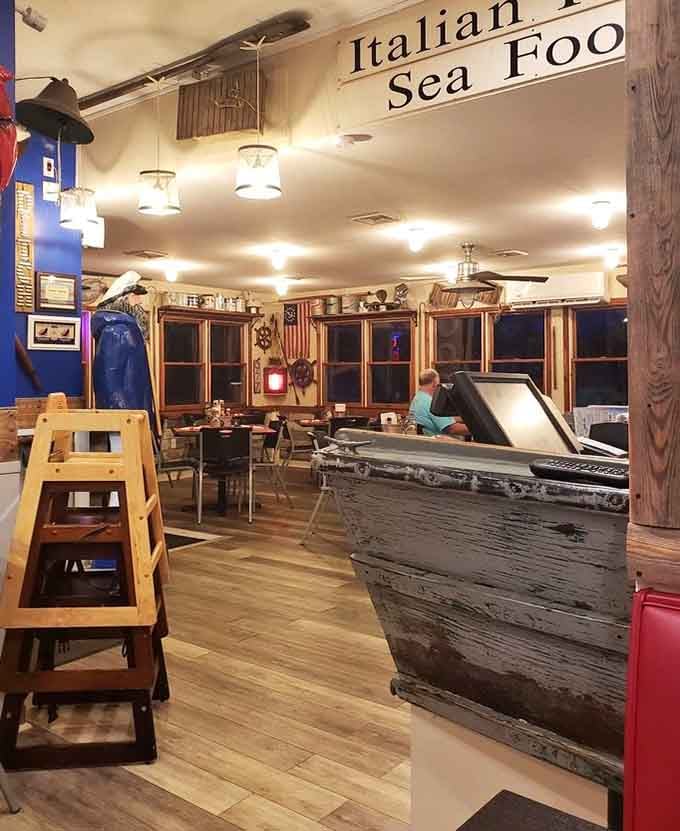 The host station fashioned from an actual boat, because subtlety is overrated when you're this close to water.