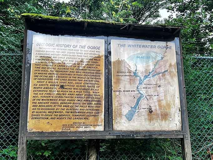Educational signage tells the geological tale of ancient seas and million-year-old rock formations at the gorge.