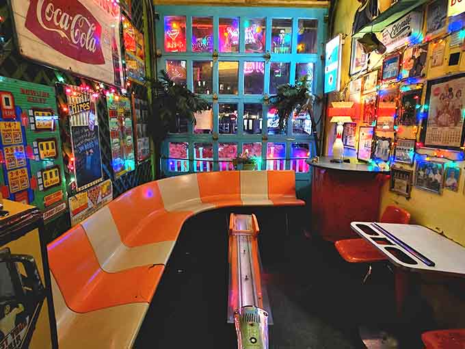 Even the seating arrangements embrace the eclectic spirit, mixing retro vibes with pure comfort and fun.