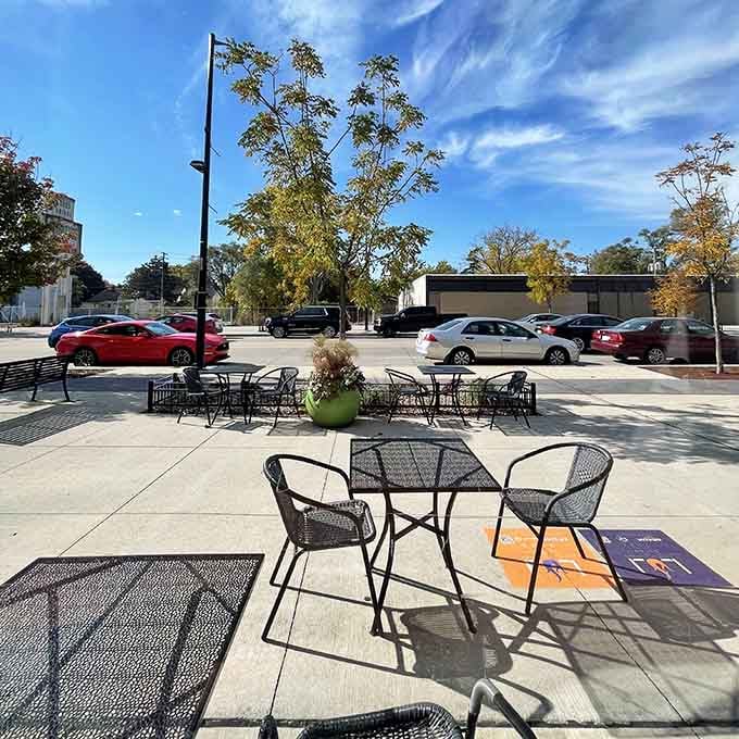 Outdoor tables let you enjoy Detroit's nice weather while contemplating your delicious plant-based meal choices ahead.