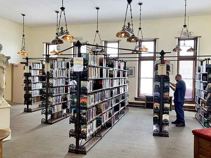 Carnegie Public Library's ornate shelving and vintage fixtures offer literary charm in a building that respects its history.