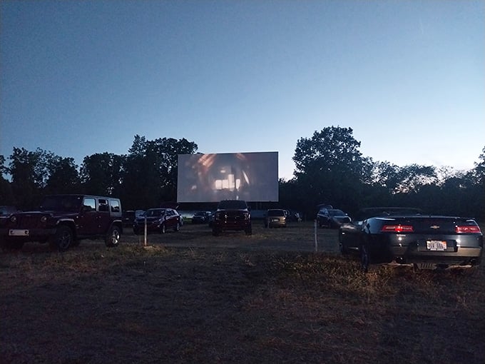 Rows of cars facing the screen create an automotive congregation worshipping at the altar of Hollywood storytelling.