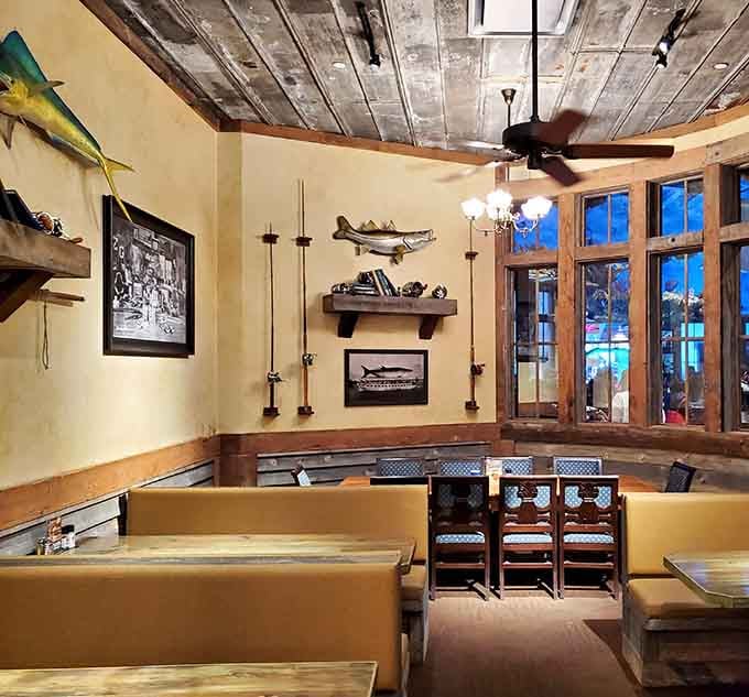 Dining booths with fishing rods on the walls remind you that this isn't your average Tuesday night spot.