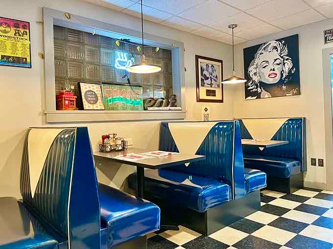 Marilyn Monroe watches over blue vinyl booths where countless breakfast conversations have solved the world's problems since forever.
