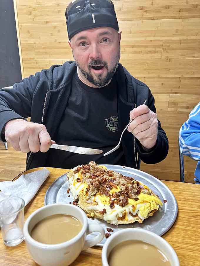 That look says it all: pure joy mixed with disbelief that something this good exists in his own backyard.