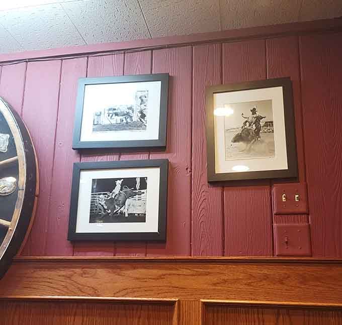 Vintage rodeo photographs add character to walls that have witnessed countless celebrations and memorable meals over the years.