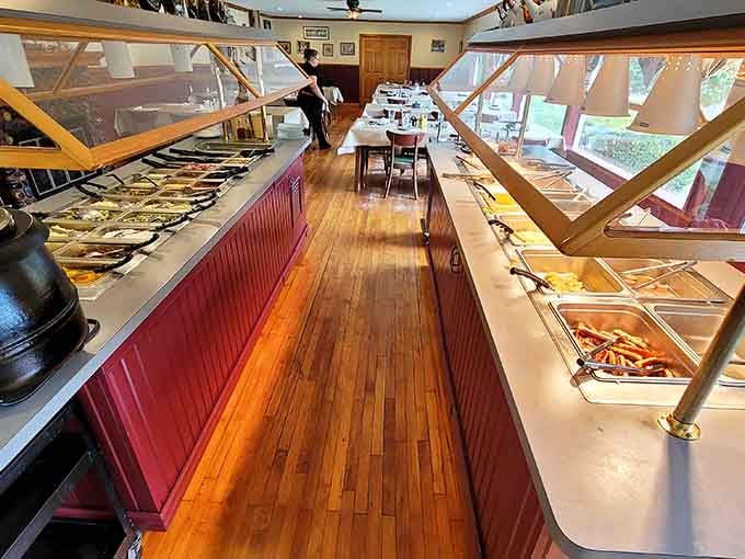 The buffet line stretching through the dining room promises an adventure in eating that requires strategy, stamina, and elastic waistbands for sure.