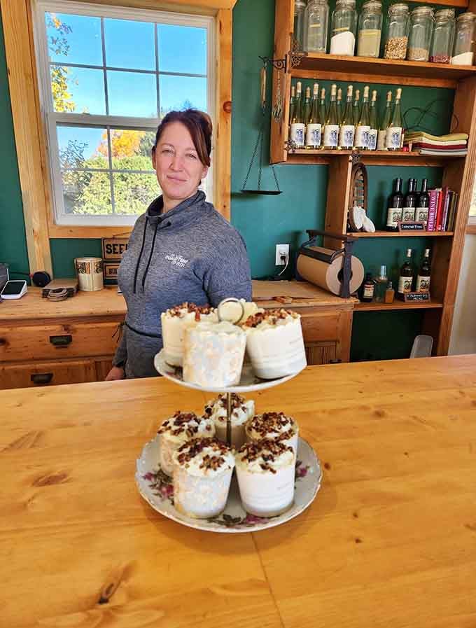 Those towering layer cakes decorated with nuts and cream suggest someone here takes dessert as seriously as the wine selection.