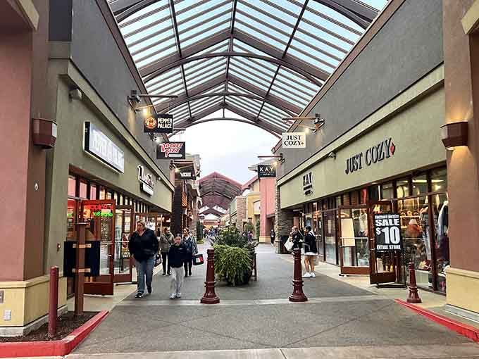 The covered walkways protect shoppers from Oregon's moody weather while they hunt for their next great deal.