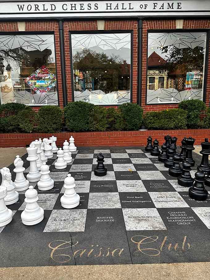 Oversized outdoor pieces invite passersby to play chess on a scale that makes everyone feel delightfully small.