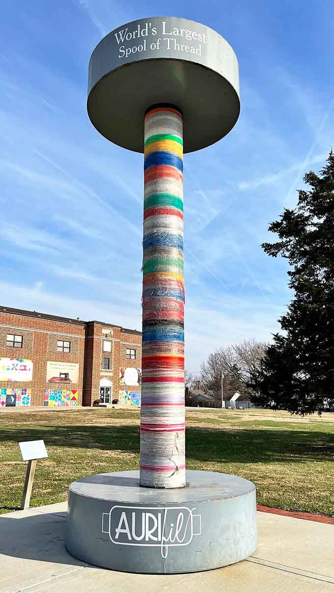 Up close, those vibrant thread bands look even more impressive, each color popping like a quilter's fever dream.