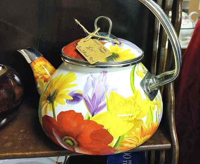 Bright floral enamelware that brought cheerful color to kitchens long before stainless steel took over.
