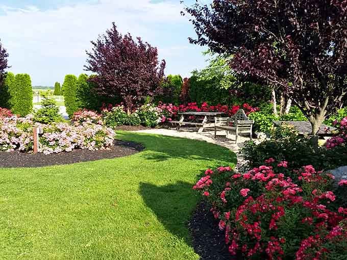 Vibrant roses and purple-leafed trees create a garden so lovely, you'll want to move in permanently.