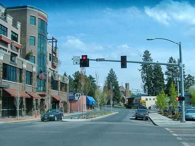 Modern streetscaping and mature trees create an inviting entrance to a revitalized downtown that's found its stride again.