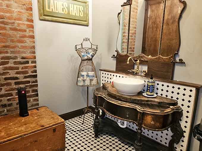 Even the restroom gets the vintage treatment, because attention to detail matters in every single room here.