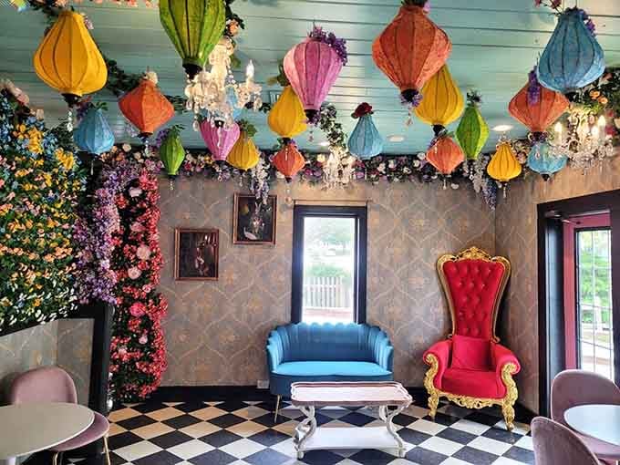 Ornate chairs and floating lanterns create the perfect backdrop for your most Instagram-worthy tea moment.