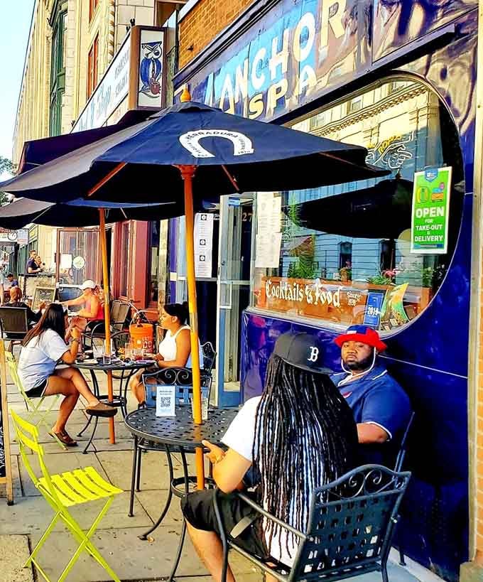 Sidewalk seating on College Street lets you enjoy your meal while watching New Haven's daily theater unfold.