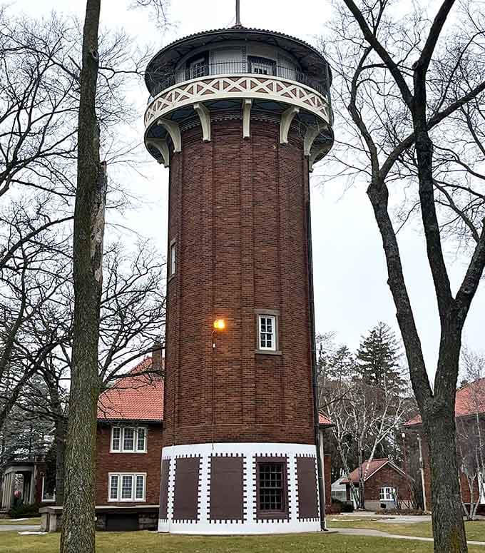 The historic water tower stands sentinel over the grounds, a brick reminder of Red Wing's architectural heritage and charm.