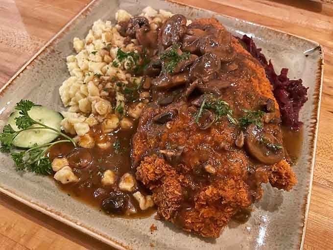 Mushroom sauce draping over crispy schnitzel with sp&auml;tzle proves hunters have always eaten better than the rest of us.