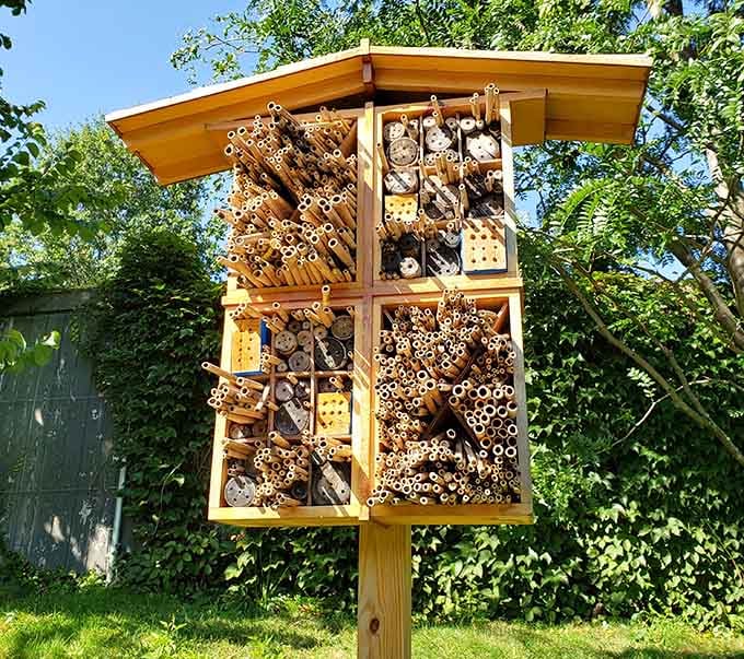 This insect hotel offers five-star accommodations for pollinators, the unsung heroes of every blooming flower you'll see.